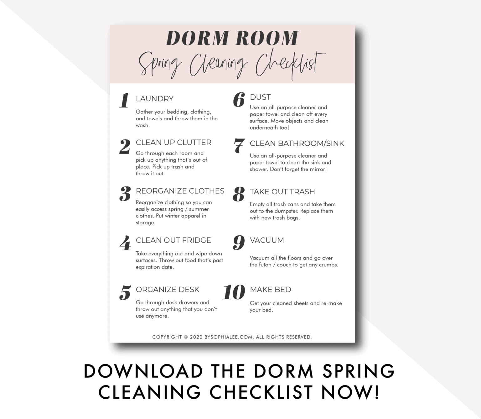 DORM SPRING CLEANING CHECKLIST - By Sophia Lee
